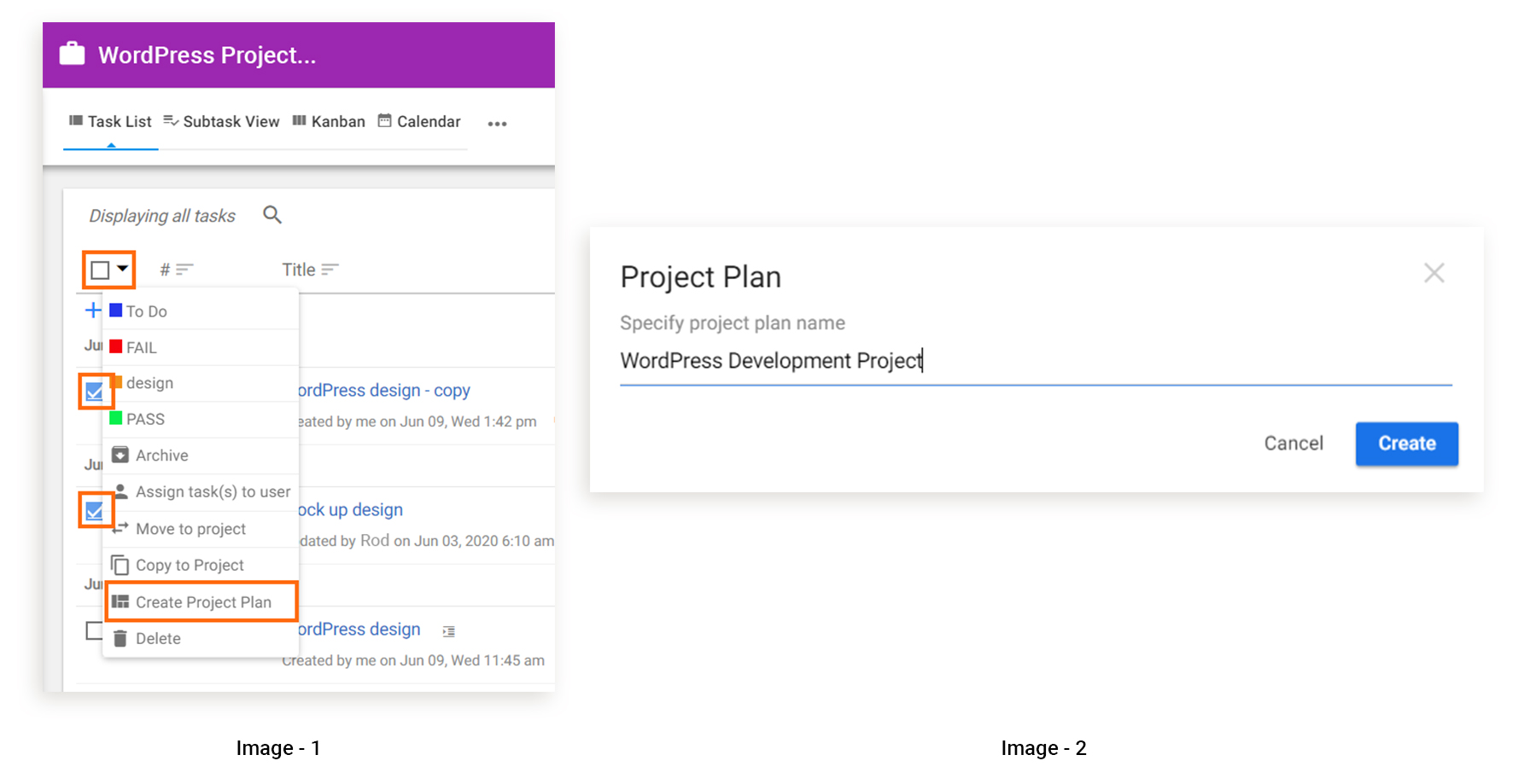 Note : To add your selected tasks to an existing project plan, select a ...